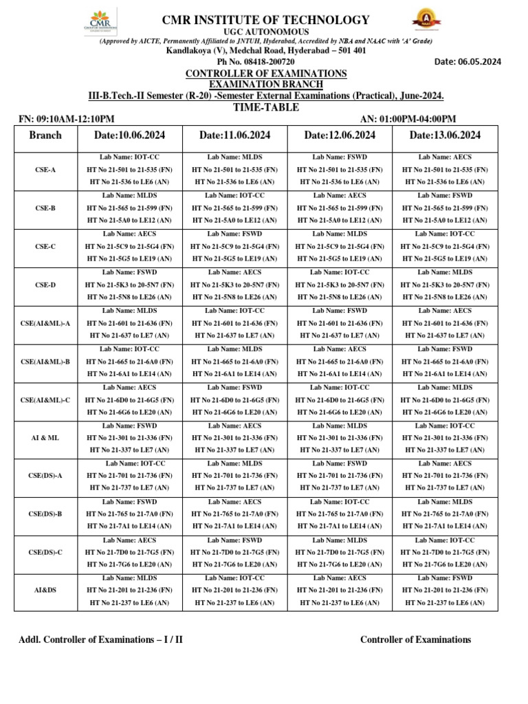 III-II Lab External timetable for CSE,CSM,CSD,AI&ML,AI&DS,A.Y,2023-24 ...