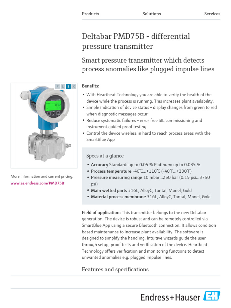 Endress-Hauser Deltabar PMD75B EN | PDF | Pressure Measurement | Pressure