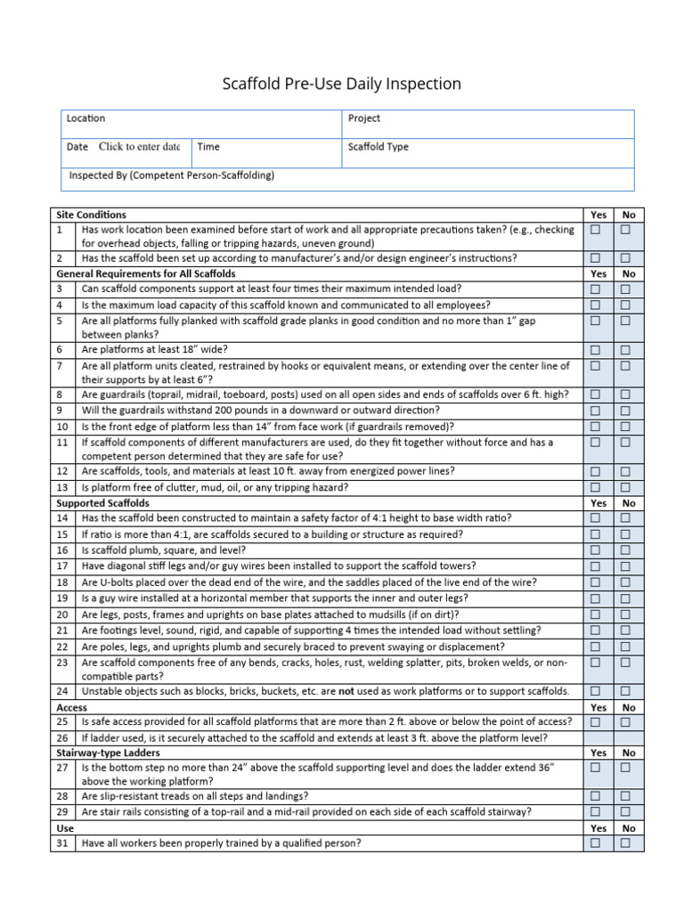 Daily Scaffold Inspection Checklist | PDF | Scaffolding | Stairs
