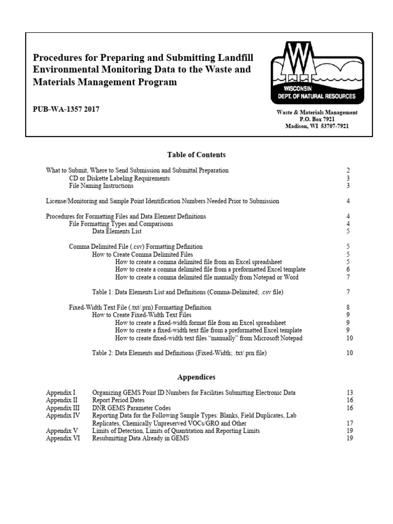Procedures For Preparing And Submitting Landfill Pdf Comma Separated Values Detection Limit
