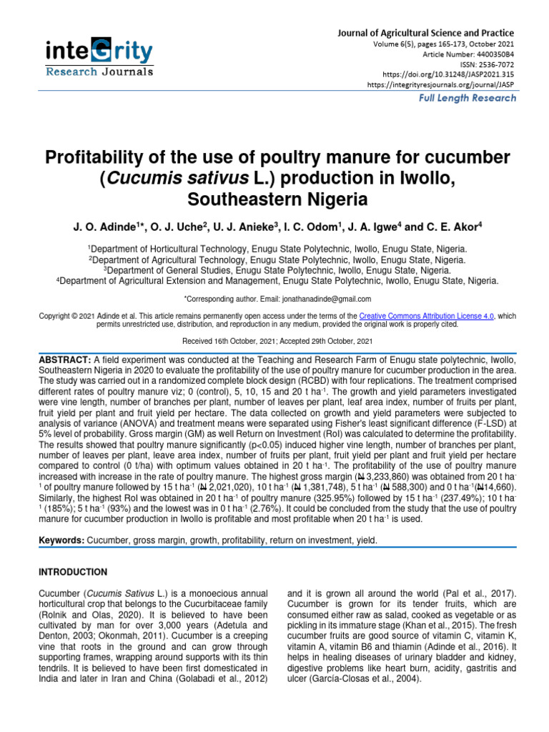 Profitability of The Use of Poultry Manure For Cucumber (Cucumis ...