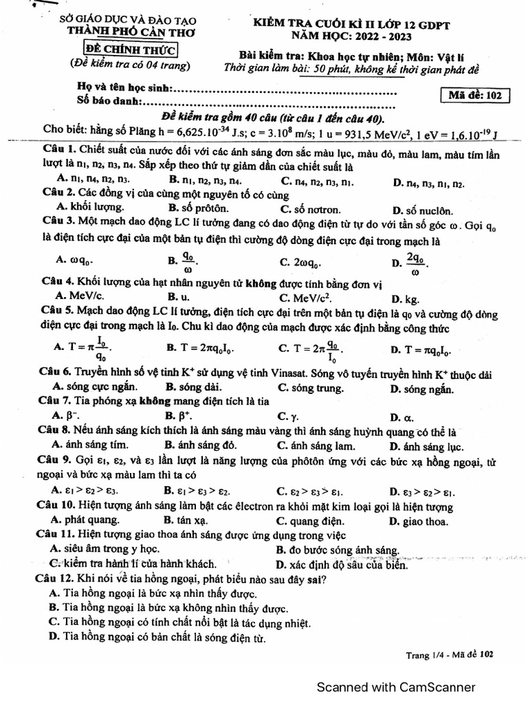 Vat Ly 12 hk2 Dap An | PDF