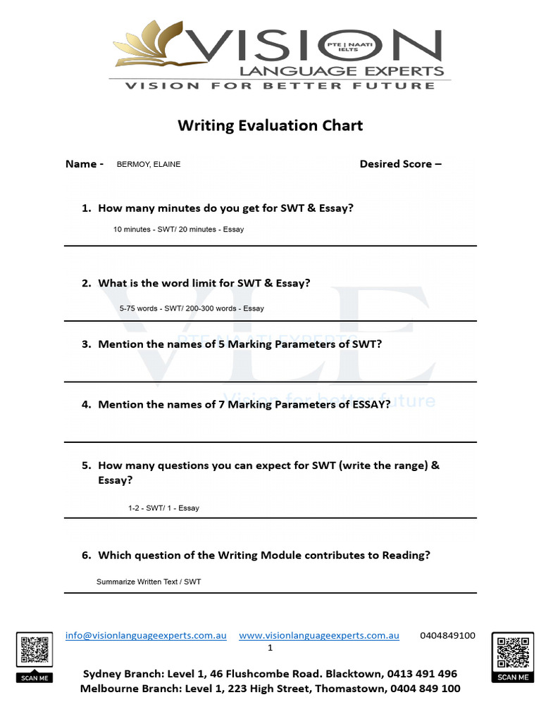 Vision Writing Evaluation Chart | PDF