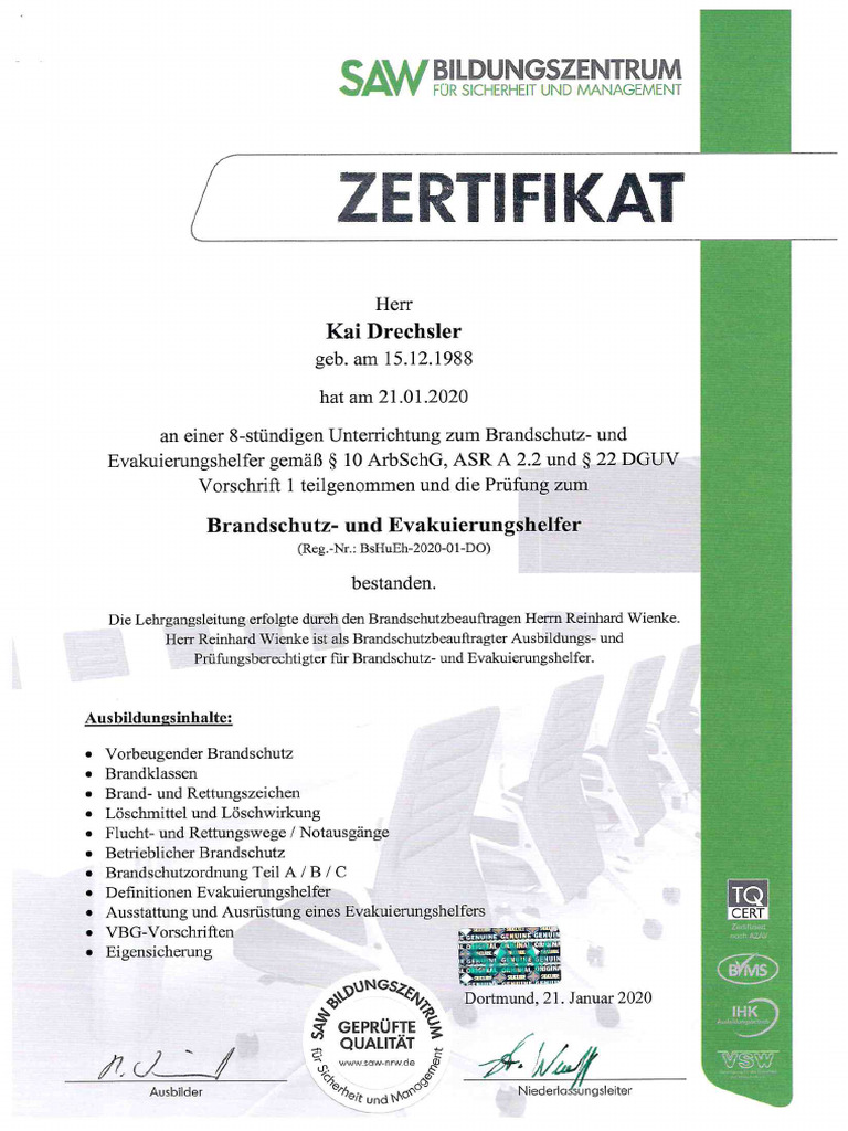 Drechsler - Zertifikat Brandschutz | PDF