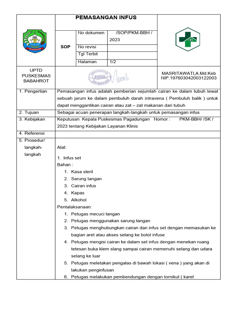 1 Sop-Pemasangan-Infus | PDF