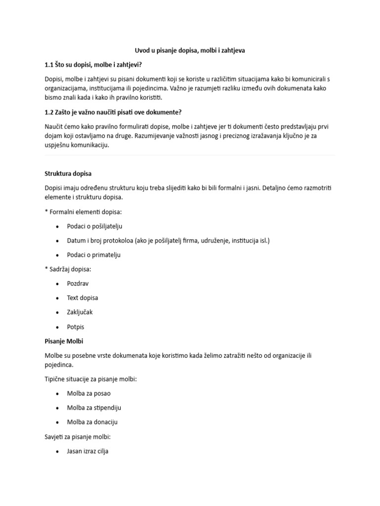 Uvod U Pisanje Dopisa, Molbi I Zahtjeva | PDF