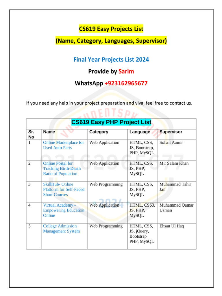 CS619 Easy PHP Projects List 2024 | PDF