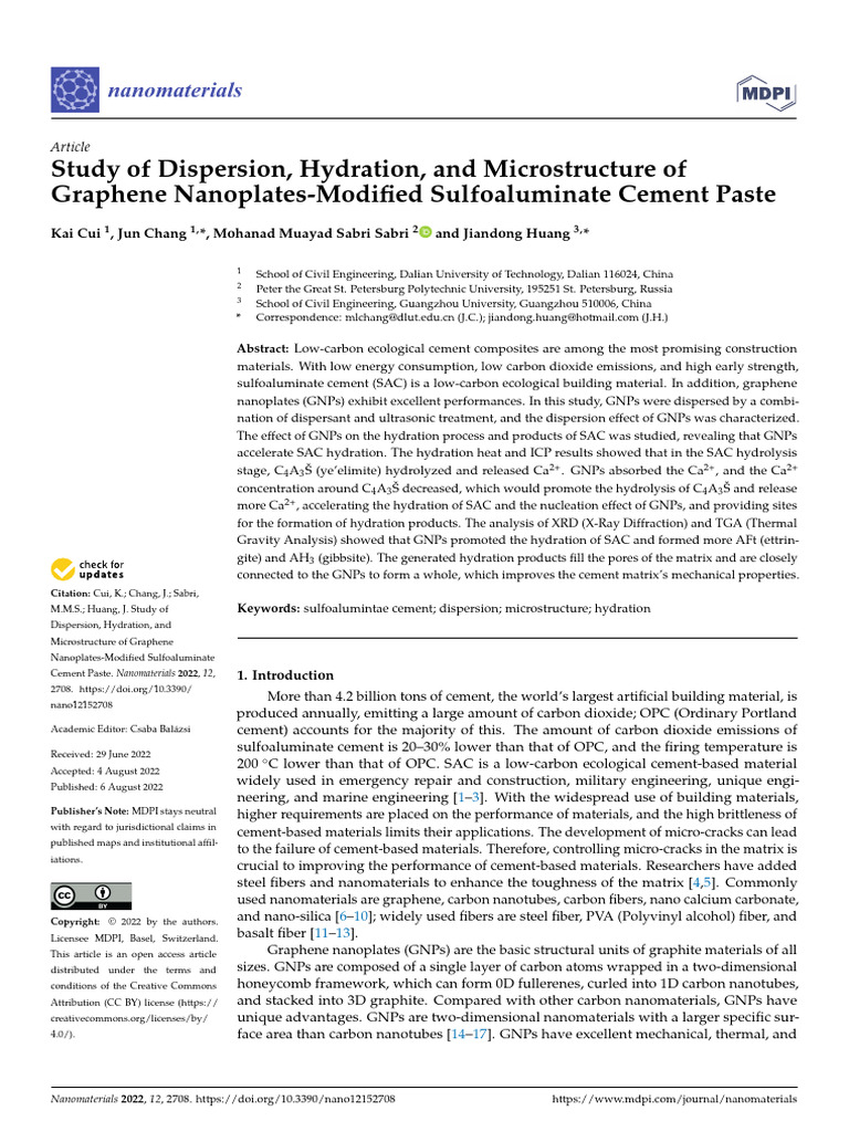 Study of Dispersion, Hydration, and Microstructure of Graphene ...
