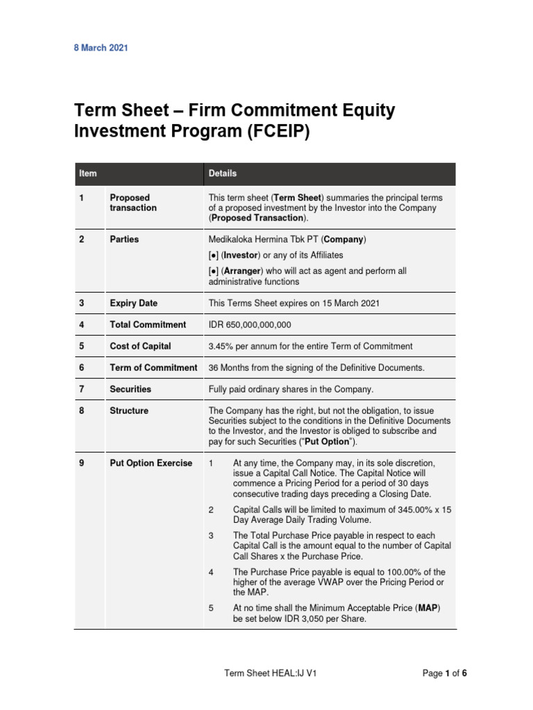 Medikaloka Hermina Equity Investment Term Sheet | PDF | Investing ...