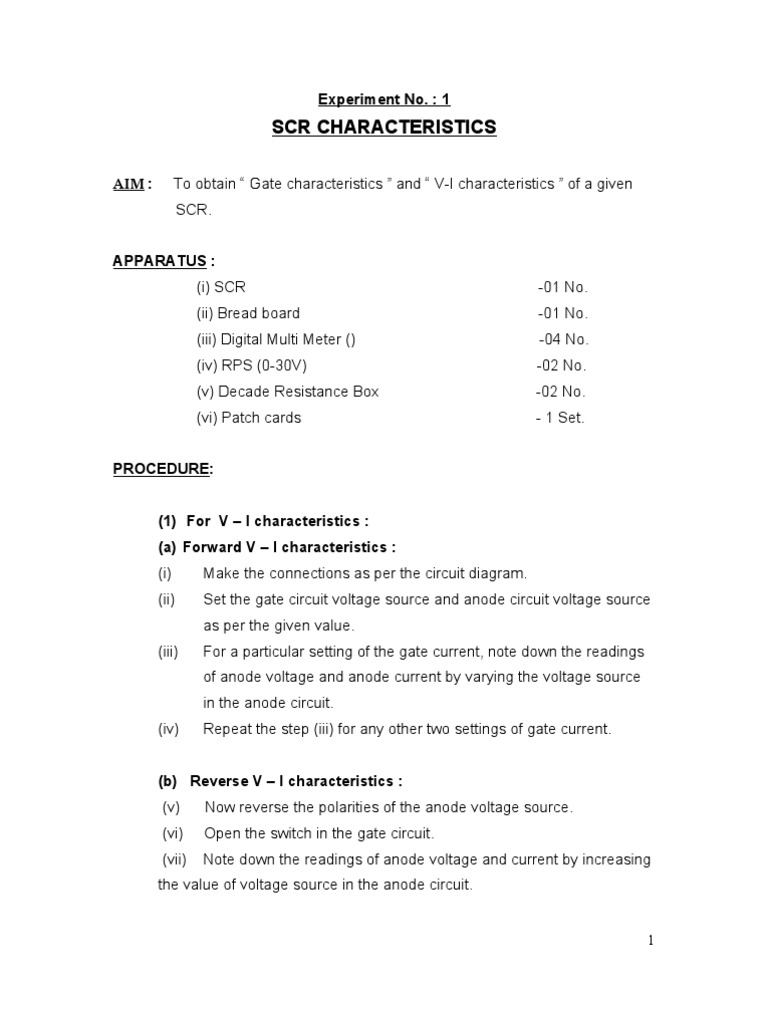SCR Characteristics: Experiment No.: 1 | PDF | Power Inverter | Series ...