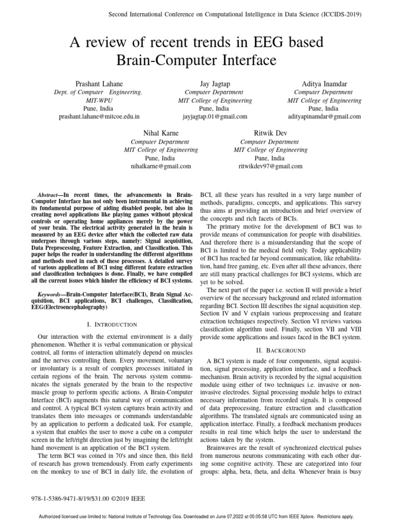 A Review of Recent Trends in EEG Based Brain-Computer Interface | PDF | Electroencephalography ...