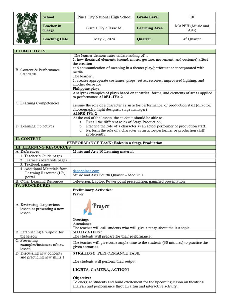 LP - PERFORMANCE TASK - Roles in A Stage Production | PDF | Learning ...