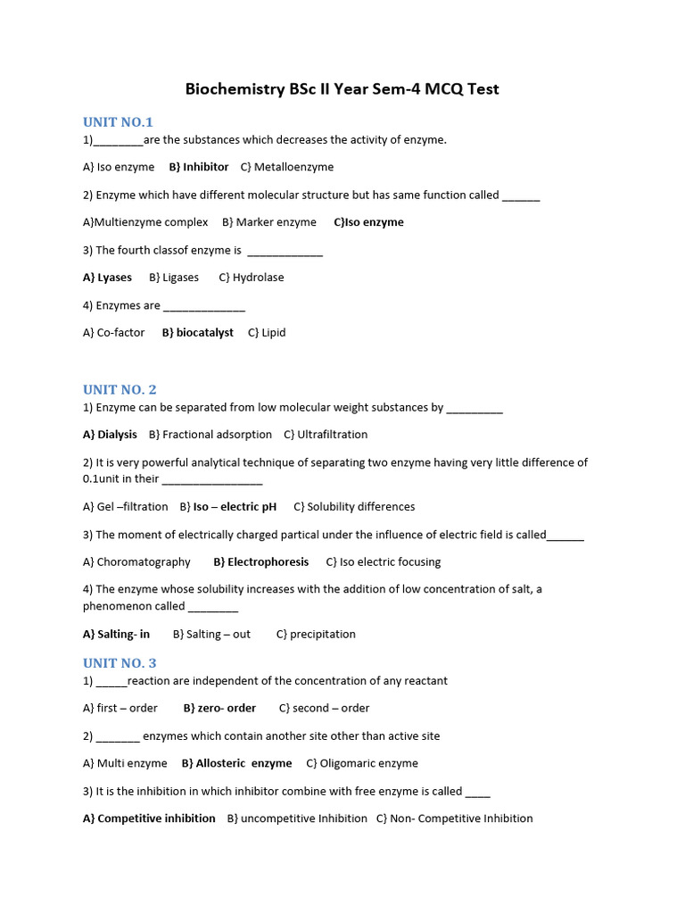 Biochemistry BSC II Year Sem 4 MCQ Test | PDF | Enzyme | Enzyme Inhibitor