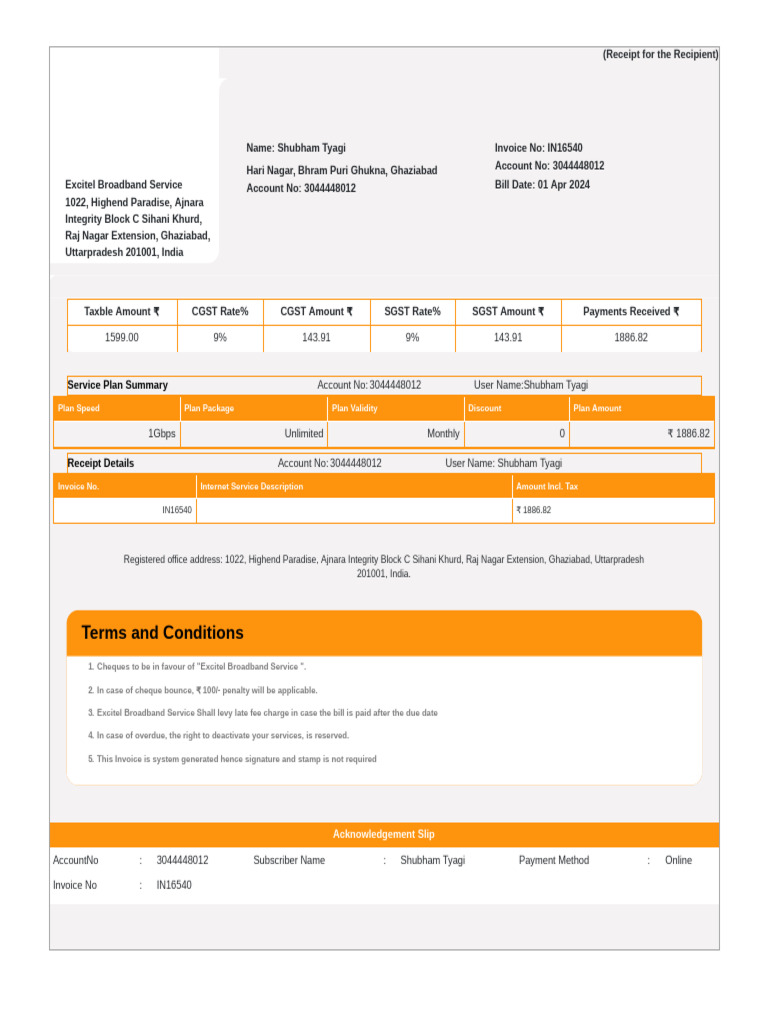 Excitel Invoice Template for Broadband | PDF | Receipt | Cheque