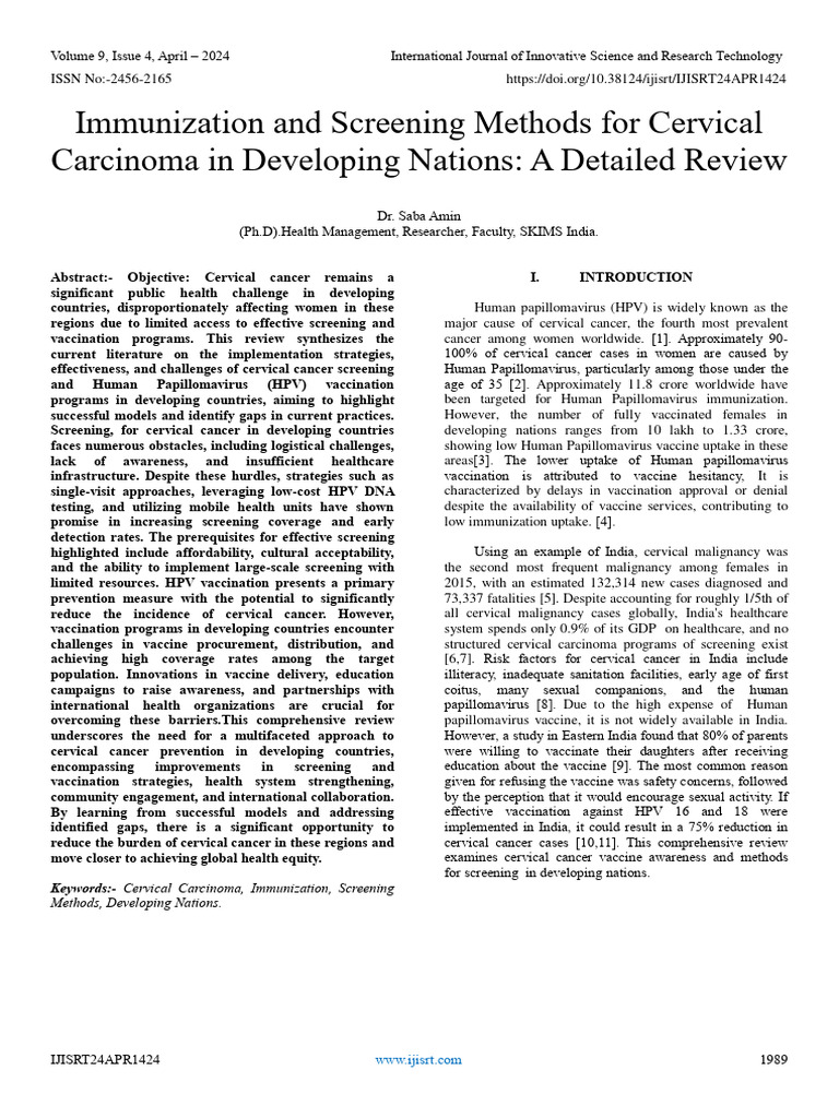 Immunization and Screening Methods For Cervical Carcinoma in Developing Nations: A Detailed ...