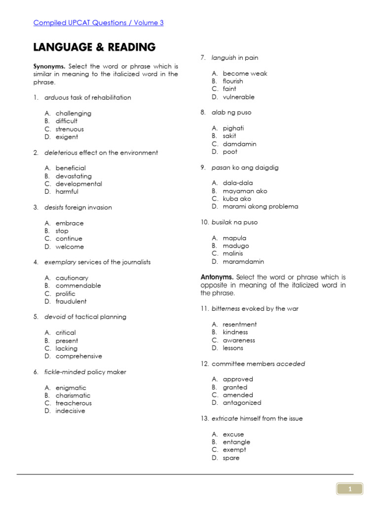 FREE Compiled UPCAT Questions Language Reading - RtH7as | PDF