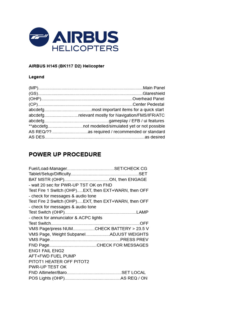 AIRBUS H145 (BK117 D2) Helicopter Checklist | PDF | Aircraft | Aviation