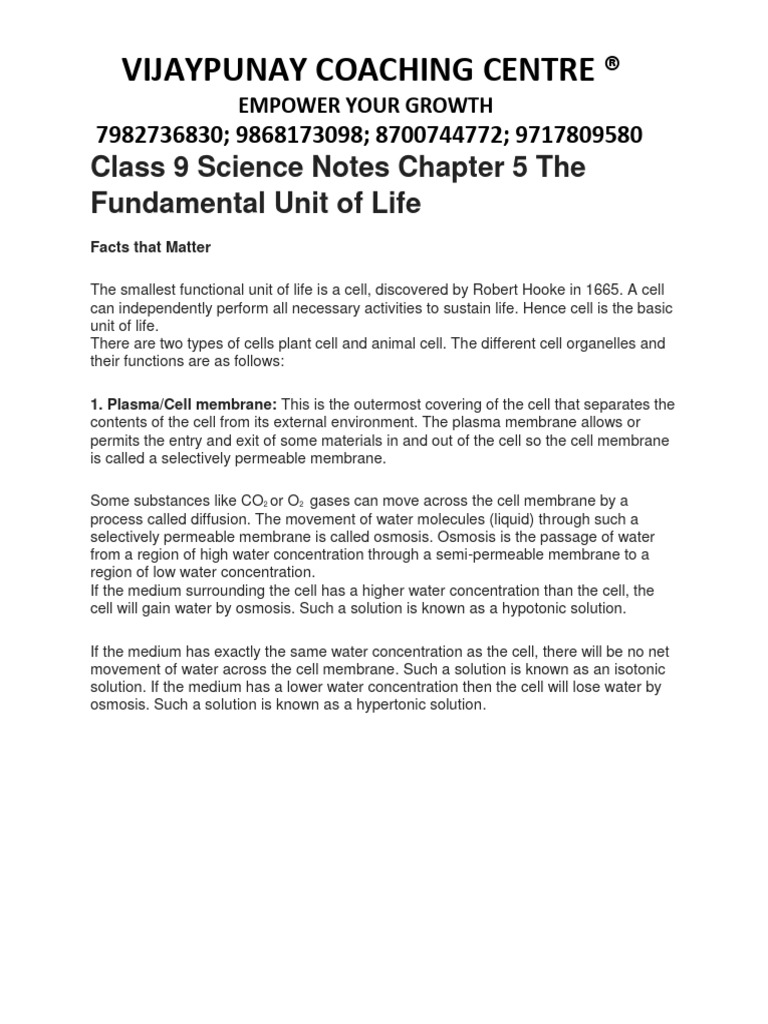 Class 9 Science CH 5 Notes | PDF | Cell (Biology) | Cell Membrane