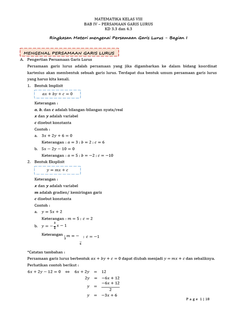Modul Persamaan Garis Lurus Kelas VIII K | PDF