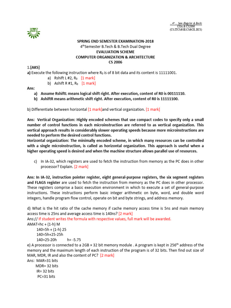 B.Tech 4th Sem COA Exam 2018 | PDF | Input/Output | Central Processing Unit