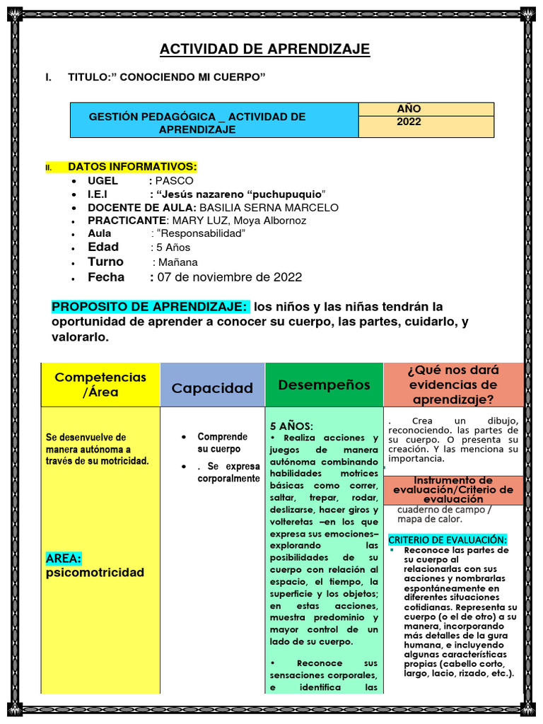 SECION DE CONOCIENDO MI CUERPO 6 DE DICIE Mary 08 | PDF | Aprendizaje ...