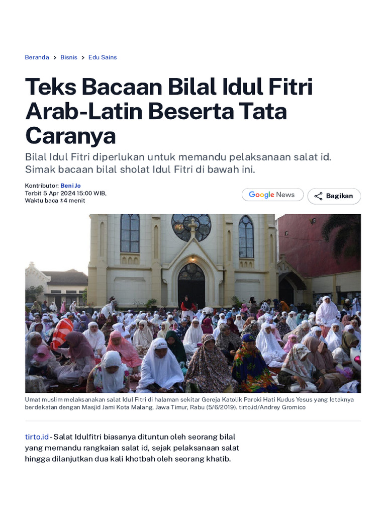 Teks Bacaan Bilal Idul Fitri Arab-Latin Beserta Tata Caranya | PDF