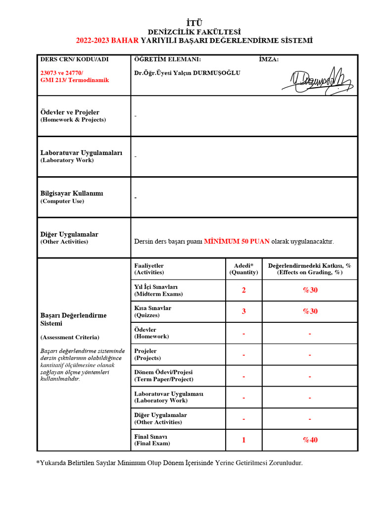 (GMI 213) Termodnamik Ders Degerlendirme Formu | PDF