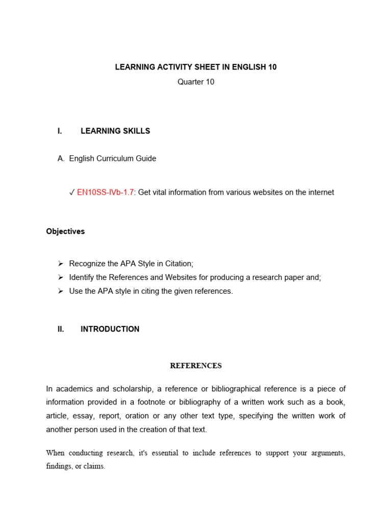 Learning Activity Sheet in English 10 Apa Format | PDF | Citation | Apa ...