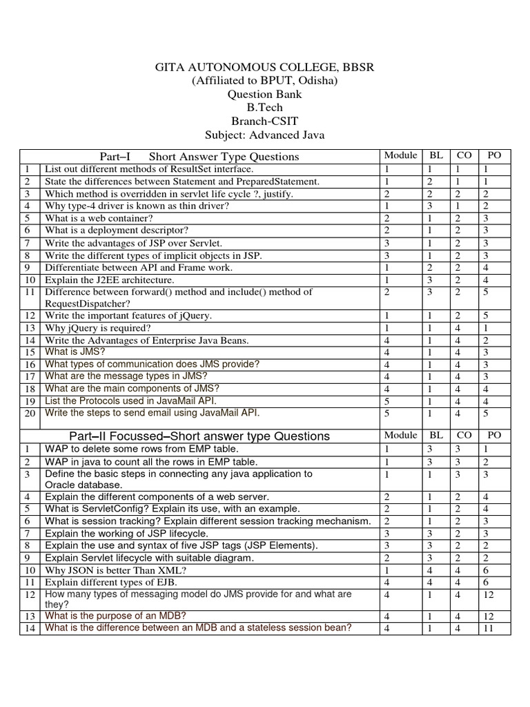 Question Bank Adv Java-2024 | PDF | Computing | Computer Programming Question Bank Adv Java-2024 | PDF | Computing | Computer Programming