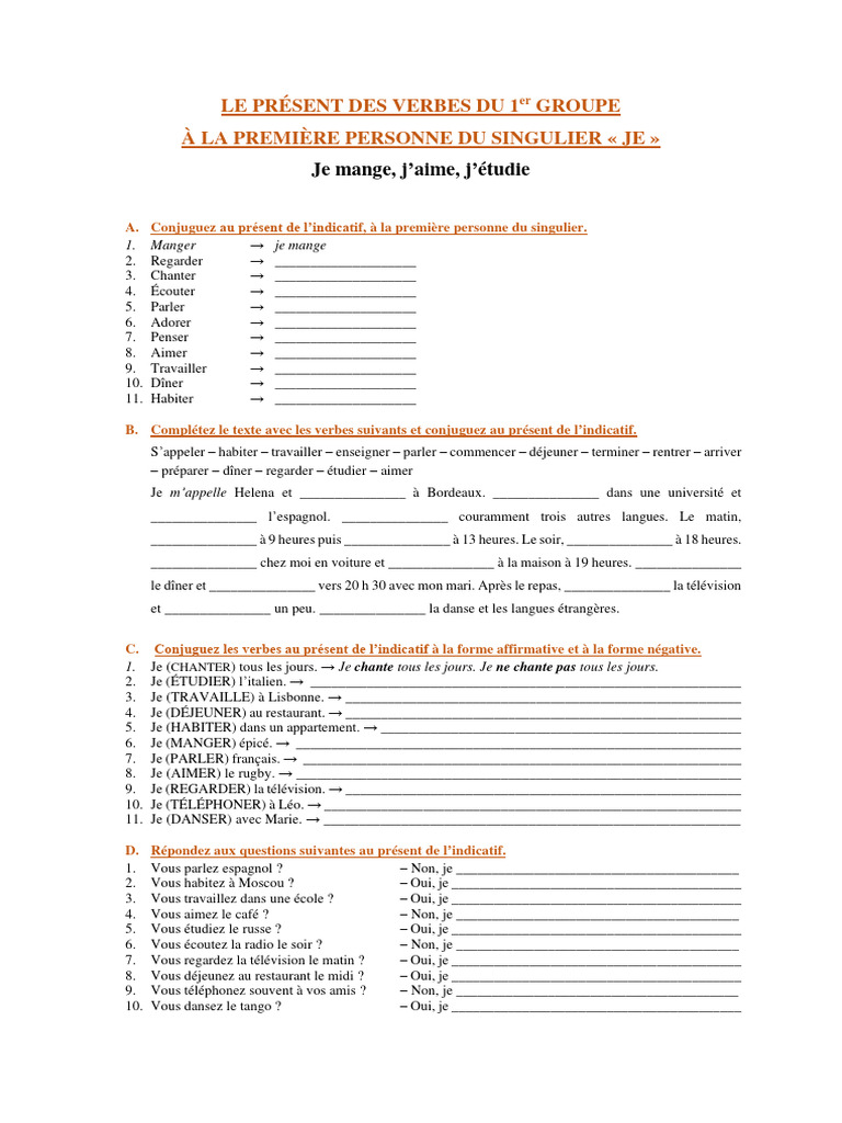 Conjugaison des verbes au présent "je" | PDF