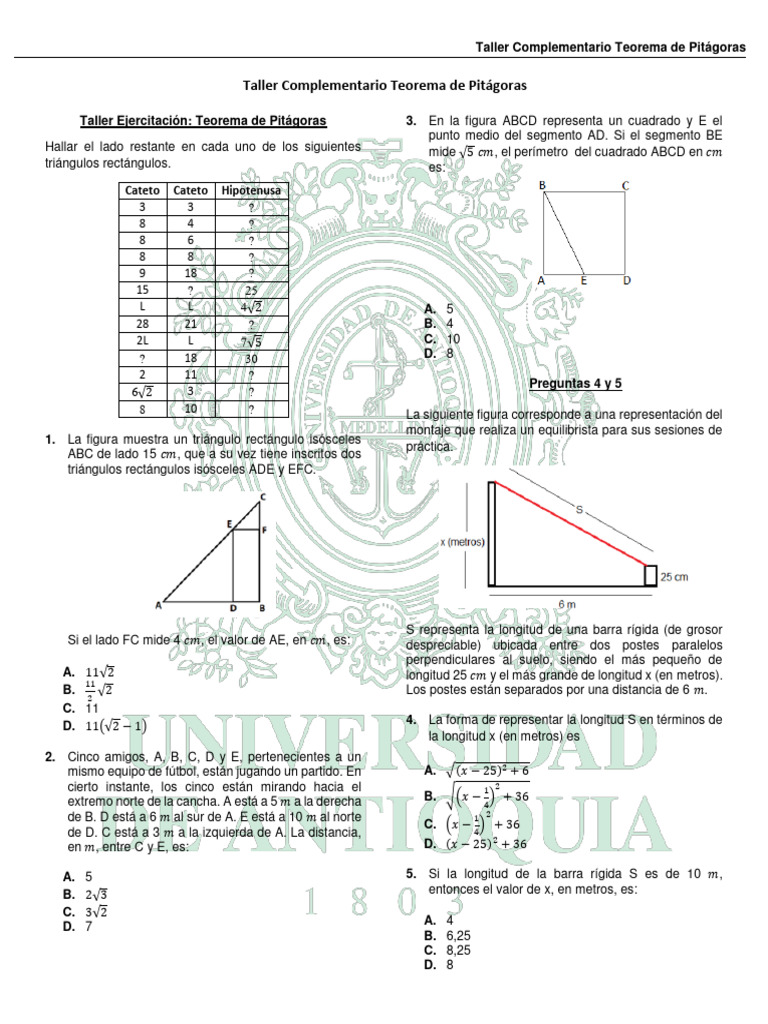Taller Complementario Teorema de Pitagoras 230322 135146 | PDF | Triángulo | Geometria clasica