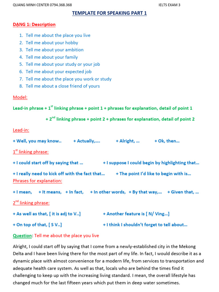 B2.template For Speaking Part 1 | PDF