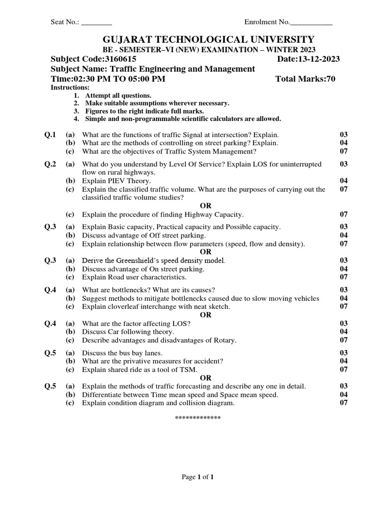 Traffic Engineering Exam Paper 2023 | PDF | Traffic | Transport ...