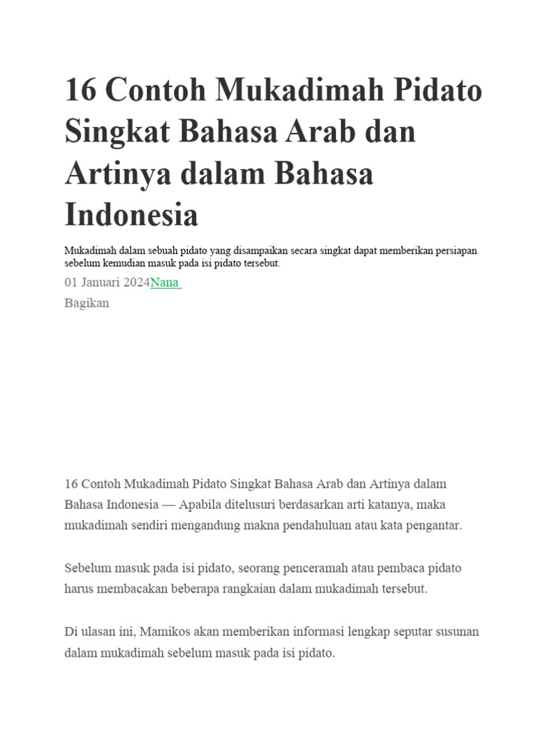 16 Contoh Mukadimah Pidato Singkat Bahasa Arab Dan Artinya Dalam Bahasa ...