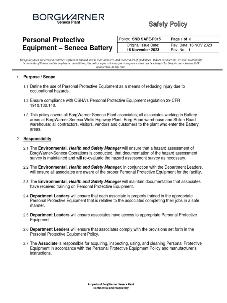BSAFE-P015 Rev 01 Personal Protective Equipment | PDF | Personal ...