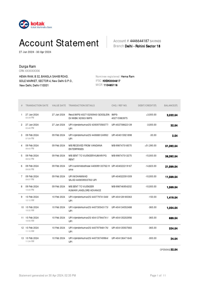 Delhi Account Statement: Jan-Apr 2024 | PDF | Debits And Credits | Payments