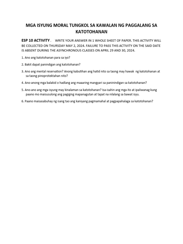 Activity Sa Kawalan Ng Paggalang Sa Katotohanan | PDF