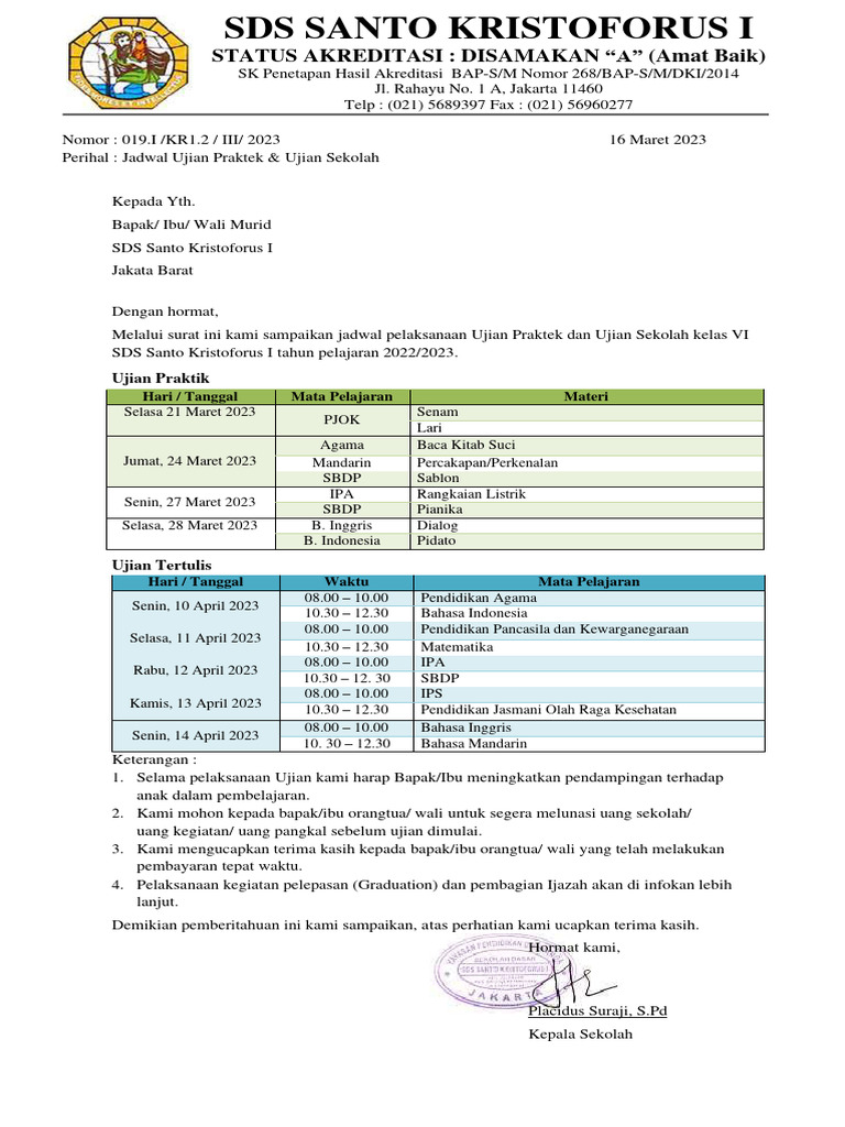 Jadwal Ujian Praktek Dan Ujian Kelas Vi Ta 22-23. | PDF