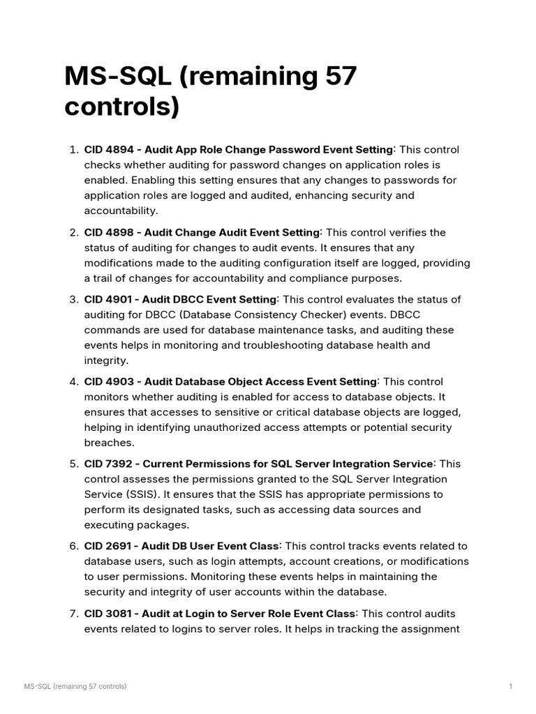 MS-SQL (Remaining 57 Controls) | PDF | Microsoft Sql Server | Databases