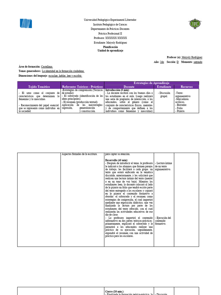 Planificación (Ejemplo) | PDF | Maestros | Aprendizaje