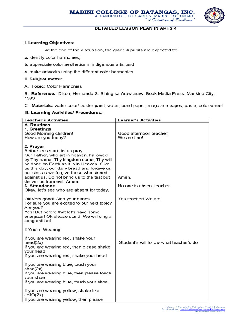 Detailed Lesson Plan in Arts 3 | PDF | Color | Yellow