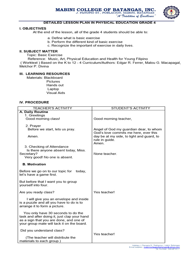 Detailed Lesson Plan in Physical Education Grade 4 | Download Free PDF ...