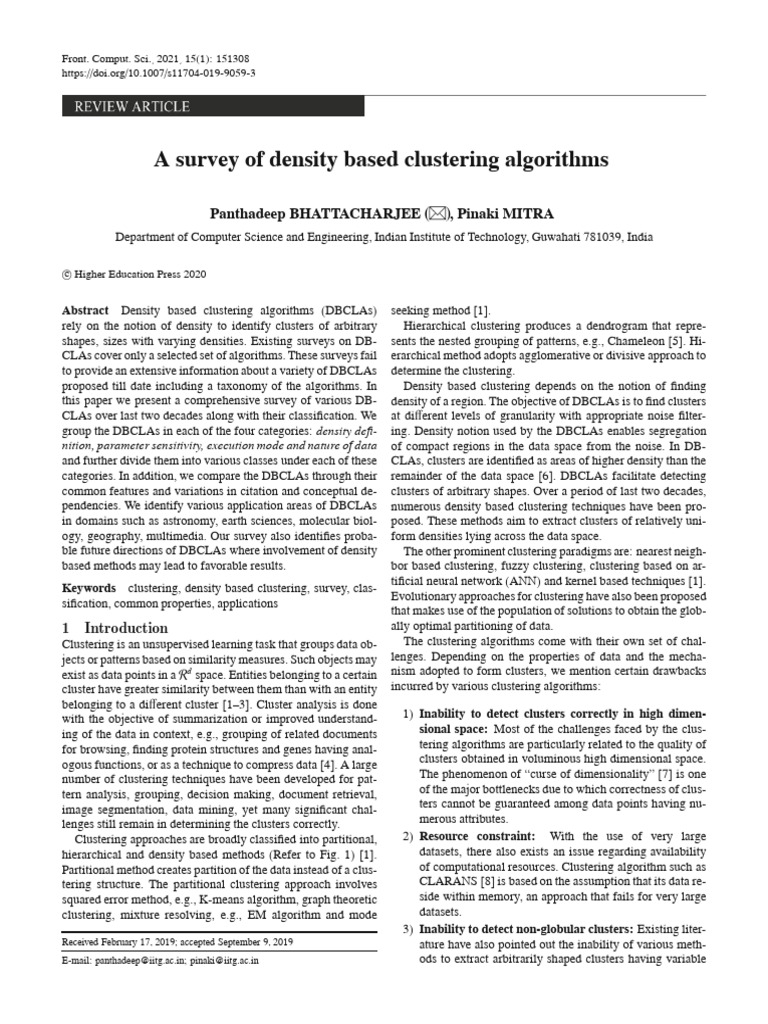 A Survey of Density Based Clustering Algorithms: Panthadeep BHATTACHARJEE, Pinaki MITRA ...