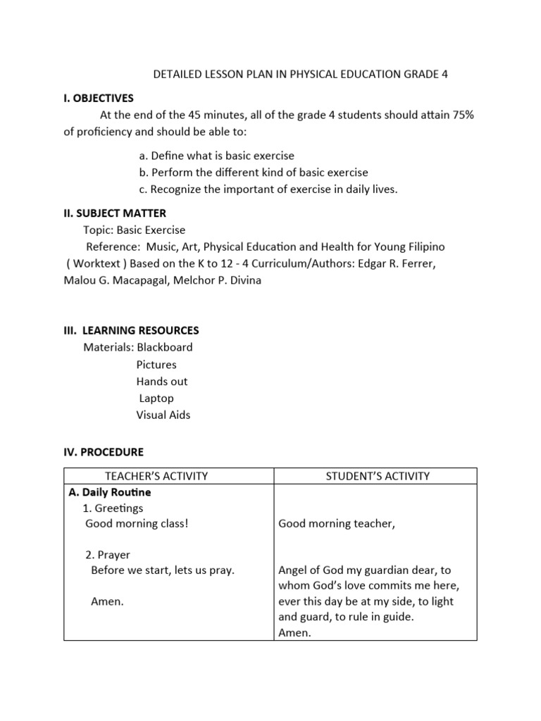 Detailed Lesson Plan in Physical Education Grade 4 | PDF | Physical ...
