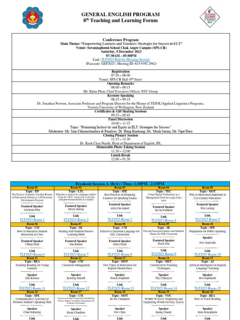 8thTLF2023 - Breakout Session Schedules | PDF | English As A Second Or ...