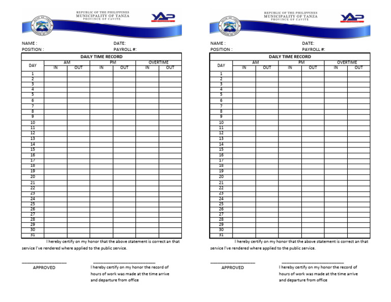 Daily Time Record Daily Time Record: Name: Name: Position: Position ...