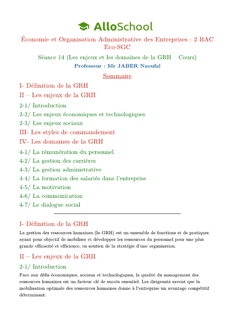 Seance 14 Les Enjeux Et Les Domaines de La GRH Cours 4 | PDF