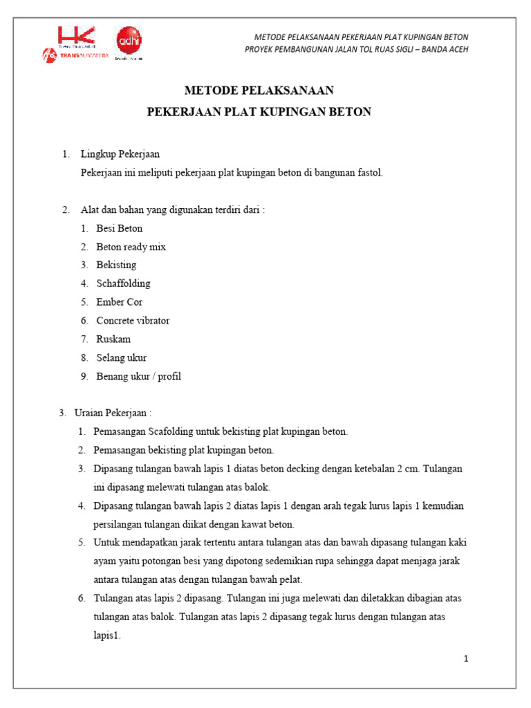 Metode Pekerjaan Plat Kupingan Beton | PDF