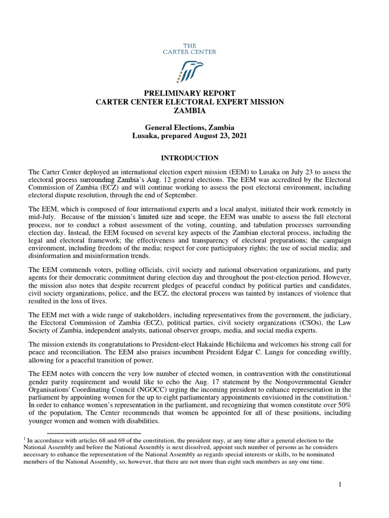 Eom Report 2021 Preliminary Statement Zambia Carter Center Eisa | PDF ...