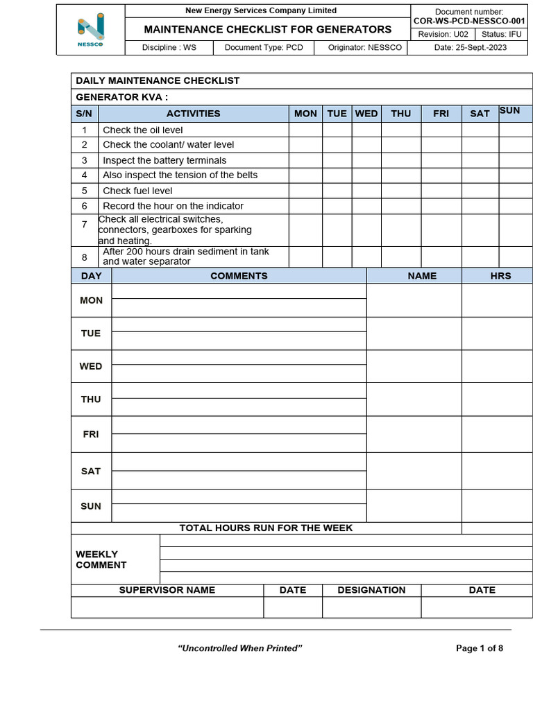 COR-WS-PCD-NESSCO-001 - Maintenance Checklist For Generators - Word ...